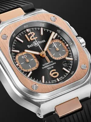BELL & ROSS Br 05 Automatic Chronograph Rose Gold And Stainless Steel Watch - Black