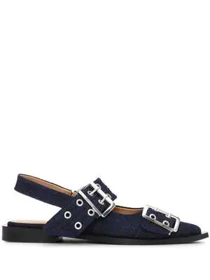 GANNI Buckle-detail Denim Ballerina Flats - Blue