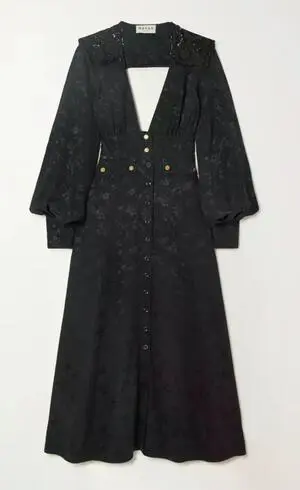 Maison Mayle Nerina Gathered Guipure Lace-trimmed Silk-jacquard Midi