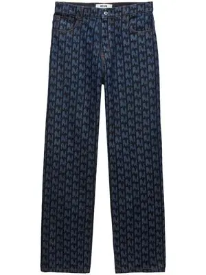 MSGM Monogram Print Cotton Jeans - Blue