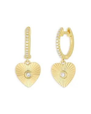 Ef Collection 14k Yellow Diamond Fluted Heart Charm Hoop Earrings - Gold