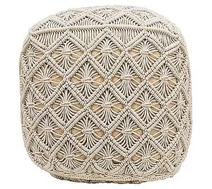 NORTHLIGHT Beige Handmade Macrame Natural Cotto N Square Pouf - One-color