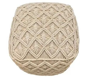 NORTHLIGHT Beige Handmade Macrame Natural Cotto N Square Pouf