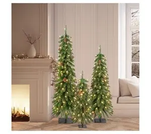 PULEO INTERNATIONAL Set Of 3 Pre-lit Alpine Chr Istmas Tree - One-color