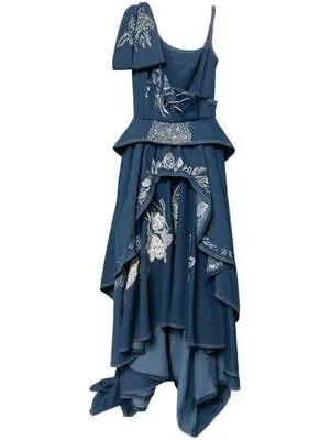 SAIID KOBEISY Floral-embroidered Denim Maxi Dress - Blue