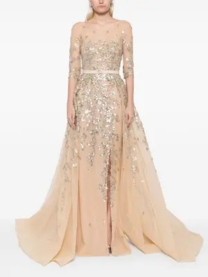 SAIID KOBEISY Beaded Tulle Gown - Neutrals