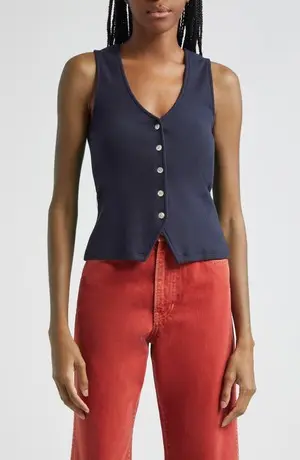 Veronica Beard Hoorne Cotton Ribbed Vest - Navy