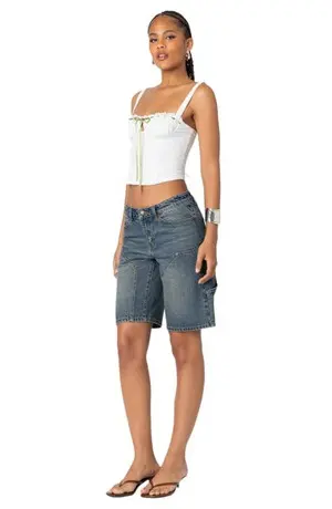 EDIKTED Low Rise Denim Carpenter Bermuda Shorts