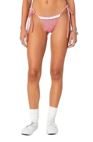 EDIKTED Zora Stripe Side Tie Bikini Bottom - Red
