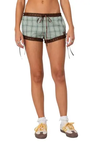 EDIKTED Plaid Lace Trim Shorts