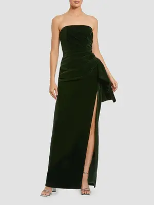 Mac Duggal Draped Velvet Strapless Bow Hip Gown - Olive