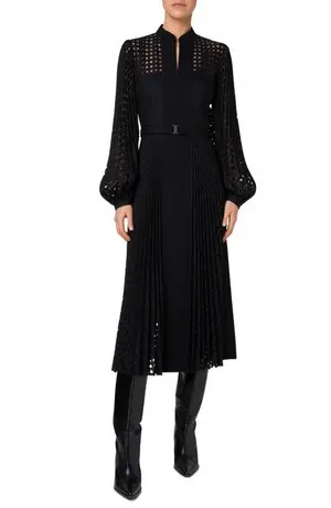 Akris Mixed Media Circle Grid Pleated Midi Dress - Black