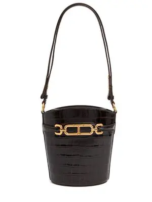 TOM FORD TOM FORD Small Shiny Stamped Croc Bucket Bag - Espresso
