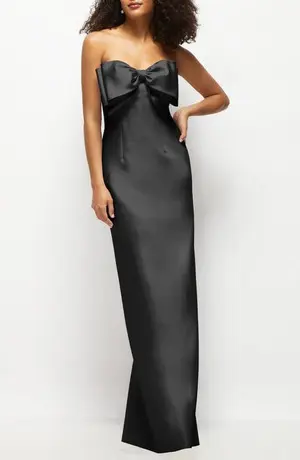 Alfred Sung Bow Detail Strapless Satin Twill Column Gown - Black