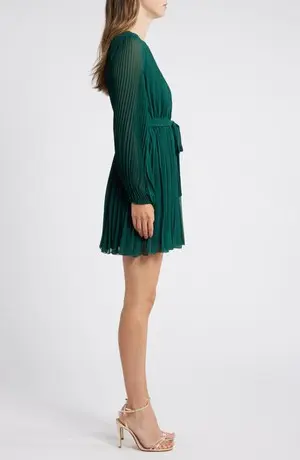 Sam Edelman Tie Belt Plissé Minidress - Hunter