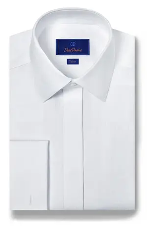 David Donahue Trim Fit French Cuff Covered Placket Formal Shirt - White