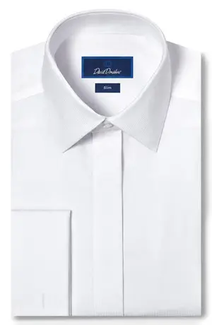 David Donahue Slim Fit French Cuff Covered Placket Formal Shirt - White
