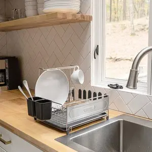 JONATHAN Y Compact 17.25" Fingerprint-proof Stainless Steel Dish Drying Rack With Wine Glass Holder - Silver/black
