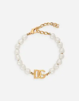 Dolce & Gabbana Link Bracelet With Pearls And Dg Logo - Gold