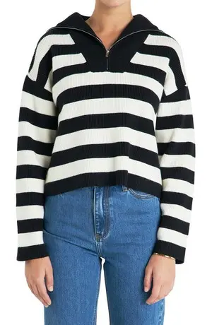English Factory Stripe Half Zip Crop Sweater - Black/ivory