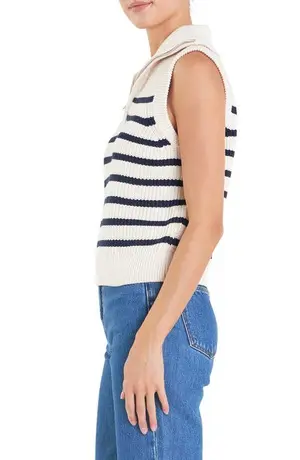 English Factory Stripe Sleeveless Quarter Zip Sweater - Cream/navy