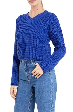 English Factory V-neck Crop Sweater - Royal Blue