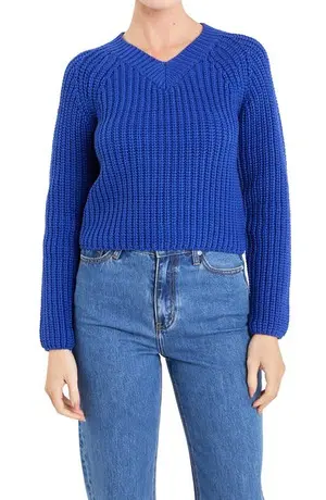 English Factory V-neck Crop Sweater - Royal Blue