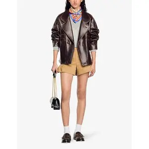 Sandro Oversized-collar Relaxed-fit Leather Jacket - Bruns