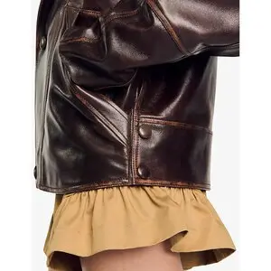 Sandro Oversized-collar Relaxed-fit Leather Jacket - Bruns