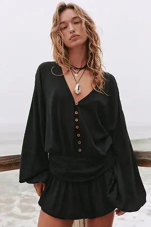 Free People Free People Carson Drop-Waist Romper With V-Neckline And Balloon Sleeves Black