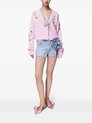 AREA Floral Appliqué Denim Shorts