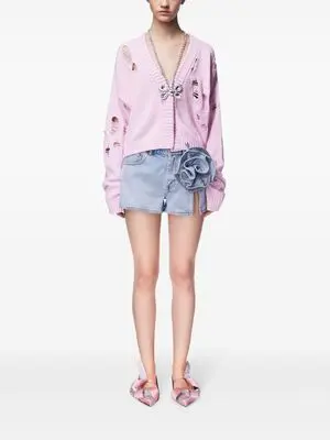AREA Floral Appliqué Denim Shorts