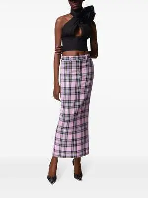 AREA Checked Wool Midi Skirt