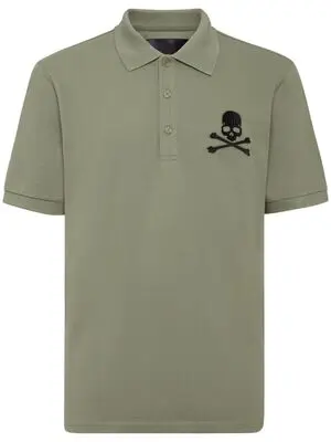 Philipp Plein Skull & Bones Embroidered Cotton Polo Shirt - Green