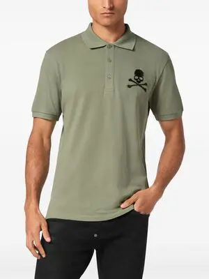 Philipp Plein Skull & Bones Embroidered Cotton Polo Shirt - Green