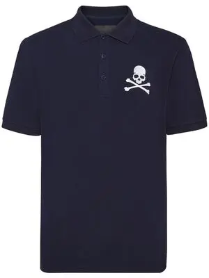 Philipp Plein Skull & Bones Embroidered Cotton Polo Shirt - Blue