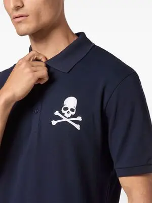 Philipp Plein Skull & Bones Embroidered Cotton Polo Shirt - Blue
