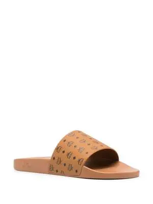 Mcm Logo-print Single-strap Slides - Brown