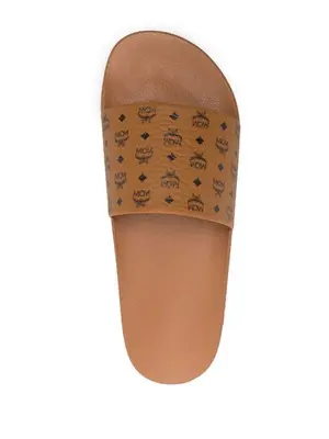 Mcm Logo-print Single-strap Slides - Brown