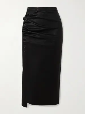 Rabanne Gathered Leather Midi Skirt - Black