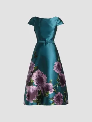 KAY UNGER Ina Peony Mikado Cocktail Dress - Teal Blue