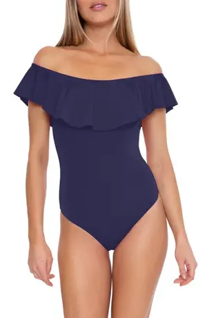 Trina Turk Monaco Off-the-shoulder Ruffle One-piece Swimsuit - Navy