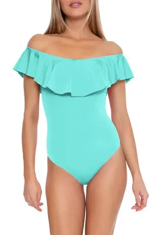 Trina Turk Trina Turk Monaco Off-the-Shoulder Ruffle One-Piece Swimsuit Sky