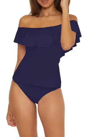 Trina Turk Monaco Ruffle Off-the-shoulder Tankini Top - Navy
