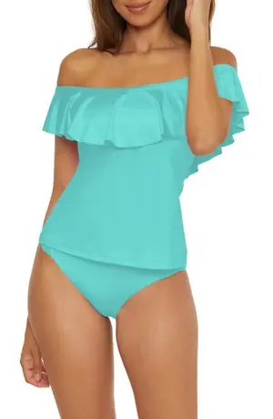 Trina Turk Monaco Ruffle Off-the-shoulder Tankini Top - Sky