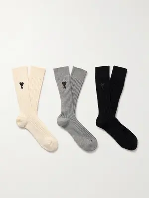 Ami Three-pack Logo-embroidered Socks - Neutrals