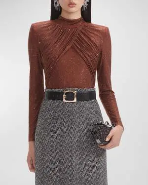 SELF-PORTRAIT Rhinestone Mesh Long-sleeve Crossover Top - Brown
