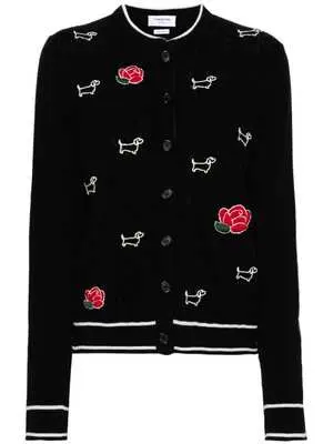 Thom Browne Hector And Rose Embroidered Wool Cardigan - Black
