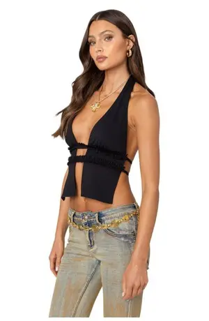 EDIKTED Luma Split Front Open Back Halter Top - Black