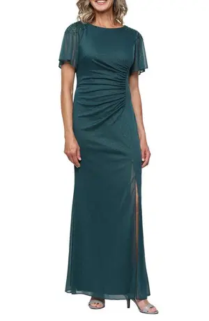 SL FASHIONS Sparkle Embellished Shoulder Gown - Pine